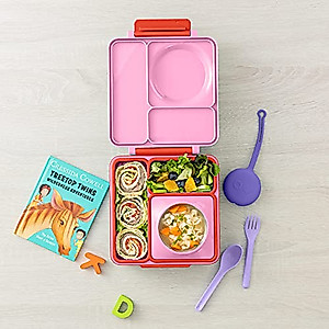 OmieBox Bento Box for Kids Insulated Bento Lunch Box with Leak Proof Thermos Food Jar, 3 Compartments + Purple Utensil Set with Case