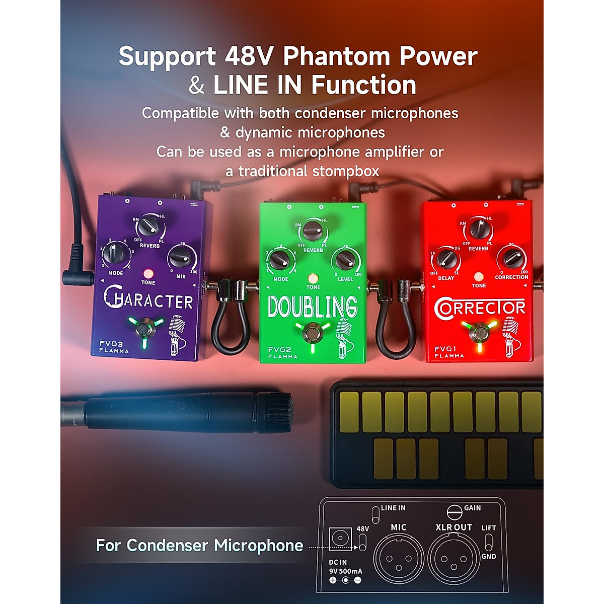 FLAMMA FV01 Vocal Effects Processor Pitch Correction Voice Pedal Vocal Stompbox Microphone Amplifier for Singer Live Singing Streaming Recording with Delay Reverb Acoustic Guitar Playing