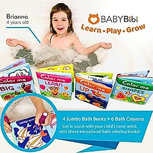 BabyBibi Color Me Bath Books Plus Crayons – Set of 4 Different Books – Includes 6 Washable Bath Crayons – Learn and Play Including Opposites and Shapes – Suitable for 2+