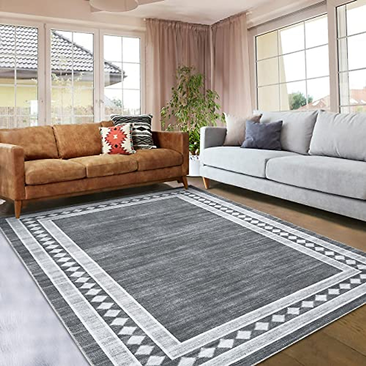 RUGSREAL Large Area Rug 9x12 Bordered Rug Indoor Outdoor Rug Solid Rug Soft Modern Geometric Boho Rug, Non-Slip Rugs for Living Room, Foldable Machine Washable Area Rug (9x12,Grey)