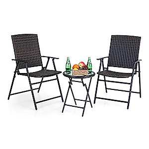 PHI VILLA Rattan Patio Bistro Set,3 Pieces Folding Outdoor Patio Wicker Bistro Set,Patio Table and Chairs Set for Garden,Backyard, Lawn, Porch, Poolside and Balcony,Rattan Style