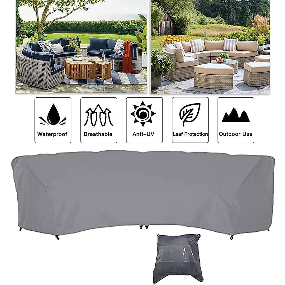 UCARE Curved Sofa Cover Outdoor Couch Sectional Protector Waterproof Half Moon Sofa Set Cover with Windproof Elastic Cord for Garden Lawn Indoor Grey (89.7x45.6x33.8in/228x116x86cm)