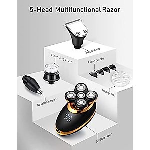 Electric Shavers for Men - 5 in 1 Bald Head Shavers for Men, 5D Floating Cordless USB Rechargeable Rotary Razor Multifunctional Grooming Kit Beard Trimmer Waterproof Wet and Dry with LED Display