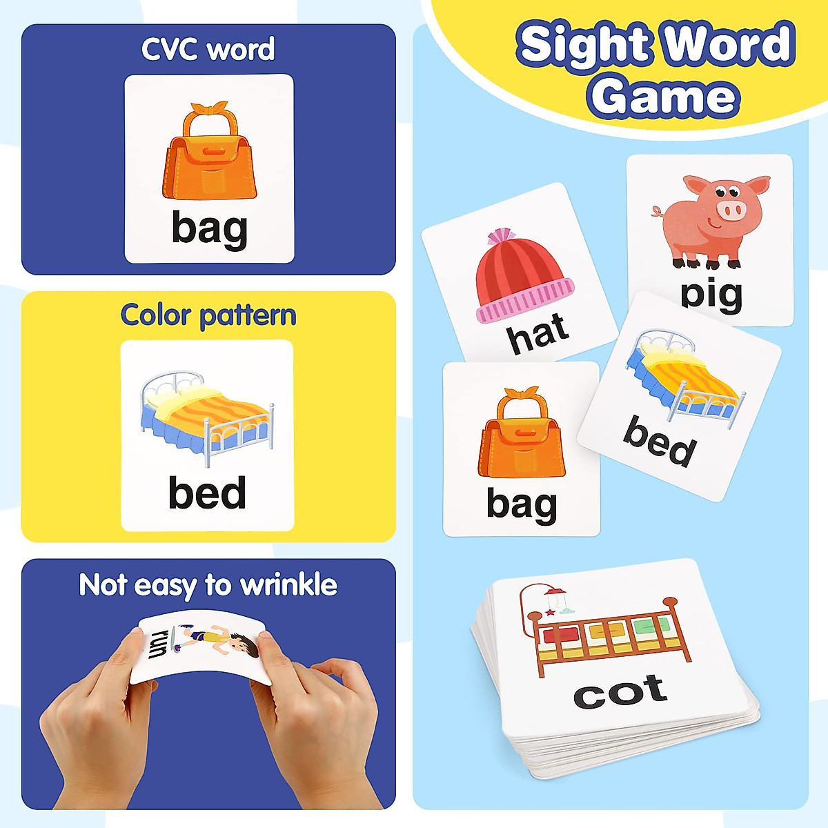 Joyreal Sight Word Spelling Games, CVC Flash Cards Kindergarten Homeschool, Wooden Vowel Letters Preschool Toys Fine Motor Skills Alphabet Blocks Learning Classroom 3-8 Years Old