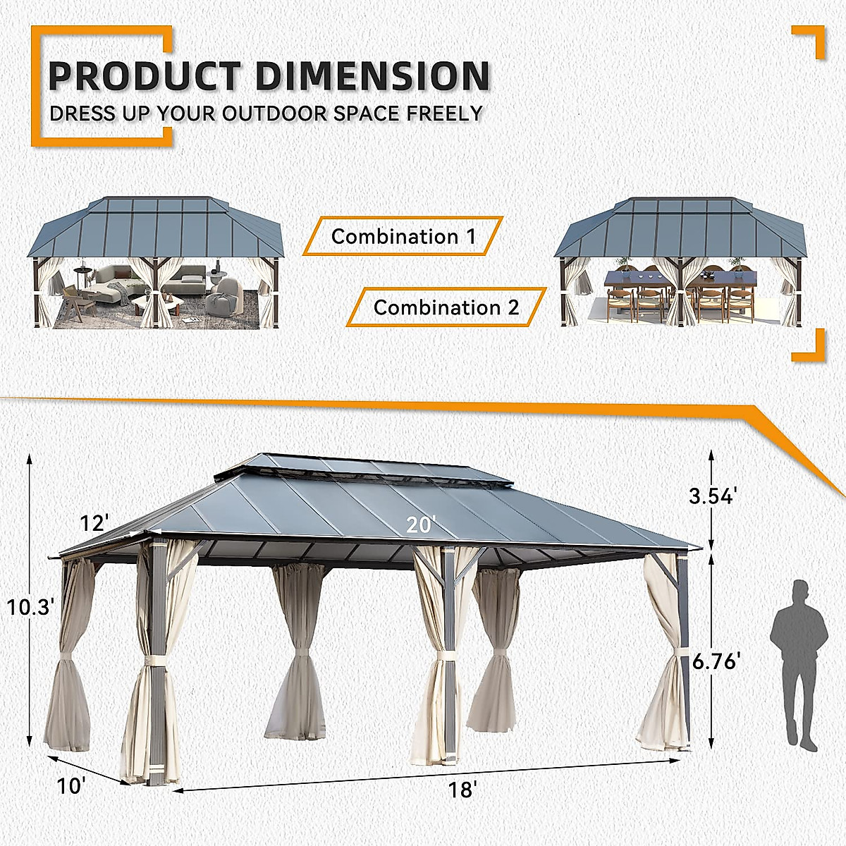 EROMMY 12'x20' Gazebo Double Aluminum Composite Roof Permanent Pavilion Gazebo Outdoor Hardtop Aluminum Frame Canopy with Curtains and Netting for Backyard Patio Lawn Garden