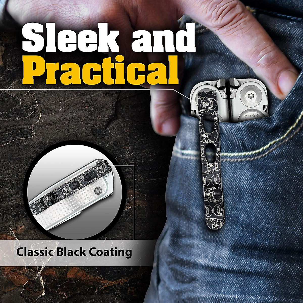 Donk! Titanium Pocket Clip. Made for Leatherman Free (P2, P4, T2 & T4) Curl & Bond. TC4 Titanium. Matte Finish. 2 Screws. 5 Custom Designs. Extra Carry Options - 'Numb Skulls Dark’