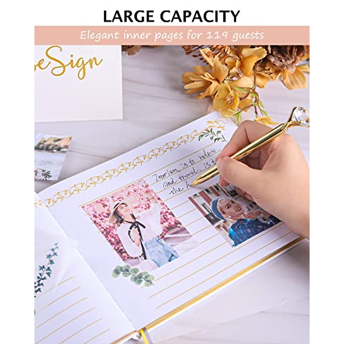 Wedding Guest Book - Guest Book Wedding Reception with Pens - 9x7'' Personalized Wedding Guestbook Photo Album Sign in Book - Gold Foil Hardcover & Gilded Edges, for Weddings, Baby Shower, Party