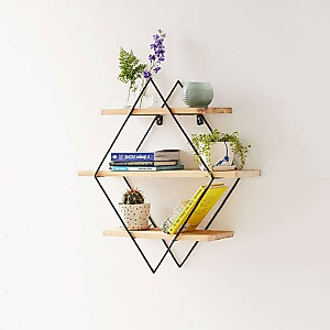 TJLSS Living Room Bedroom Metal Wall Shelf Racks Wrought Iron Wall Hanging Wooden Wall Storage Rack Creative Wall Partition