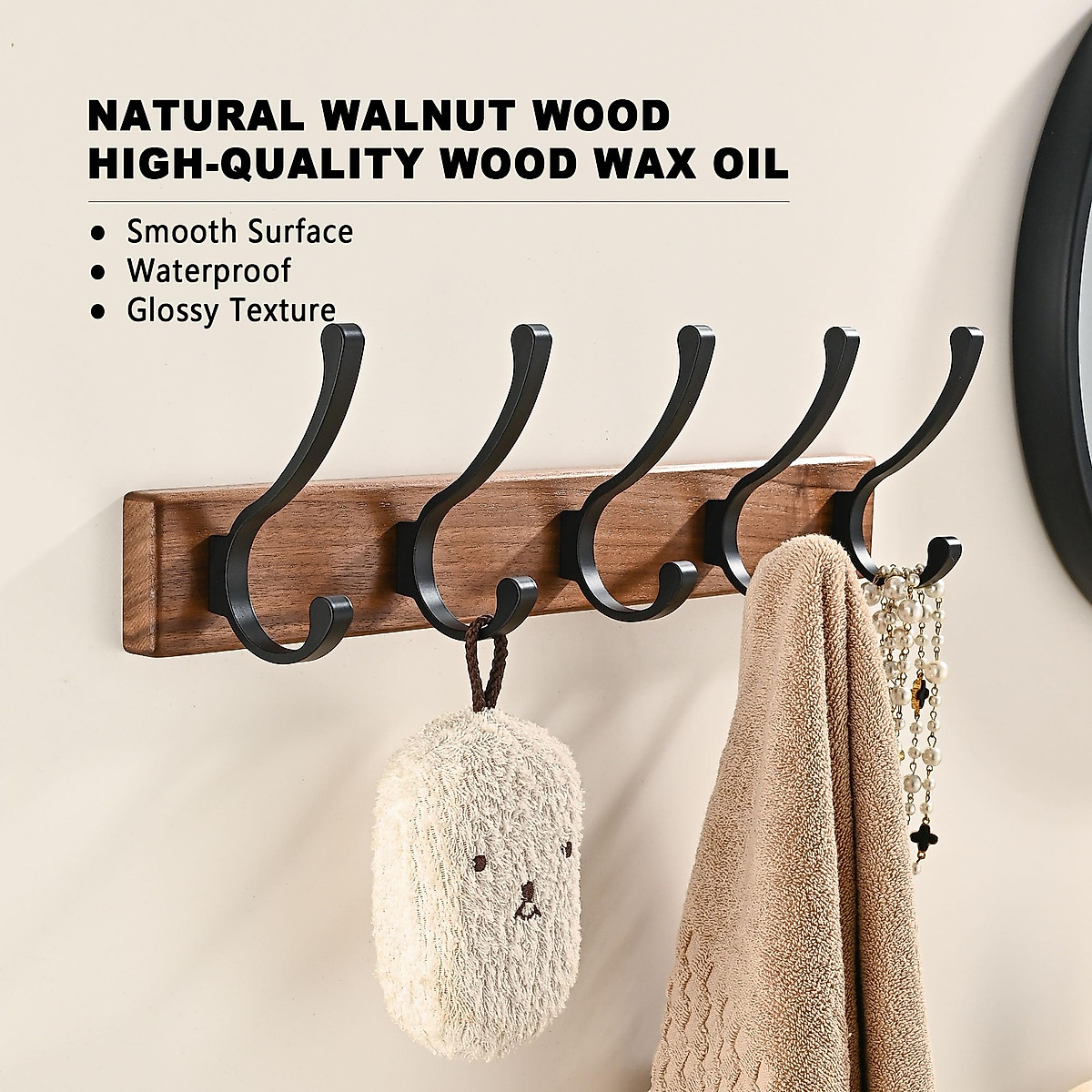 LECHYN 17.3" Small Wooden Coat Rack Wall Mount with 5 Hooks, Entryway Wall Hooks Coat Hanger for Hanging Towel Jacket Clothes Hat Backpack Shoe Purse Key Holder Multi Hook Rail by Black Walnut Wood