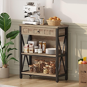 FATORRI Rustic Bookshelf with Drawer, Industrial Wood and Metal Bookcase, Small Book Shelf and Low Book case for Small Space (Rustic Oak)