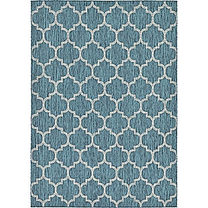 Unique Loom Outdoor Trellis Collection Area Rug (7' 1" x 10' Rectangle, Teal/ Gray)