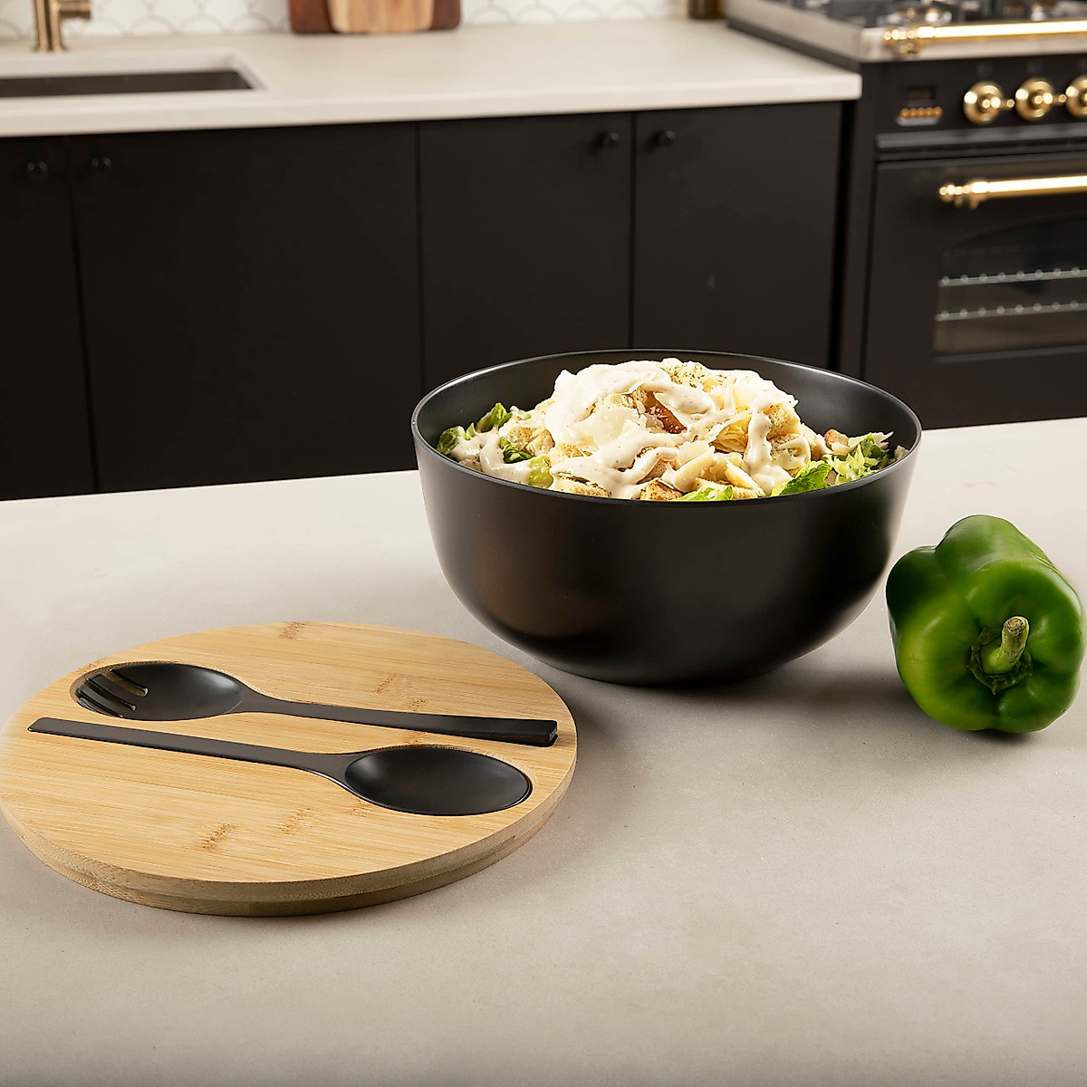 Bamboo Fiber Salad Bowl with Servers Set, 9.8 inches Large Solid Wooden Mixing Salad Bowls With Lid, Fiber Spoon and Fork for Serving for Pasta, Fruits, Vegetables(Black)