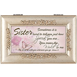 Cottage Garden Sister You Mean The World to Me Silvertone Embossed Floral Jewelry Music Box Plays Amazing Grace