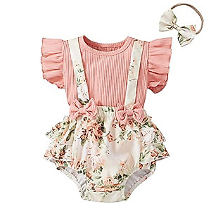koramesis Baby Girl Outfits Set Toddler Ruffle Sleeve Lace Floral Romper with Denim Flared Jeans Outfits 3Pcs Clothes Set (Pink, 6-12 Months)