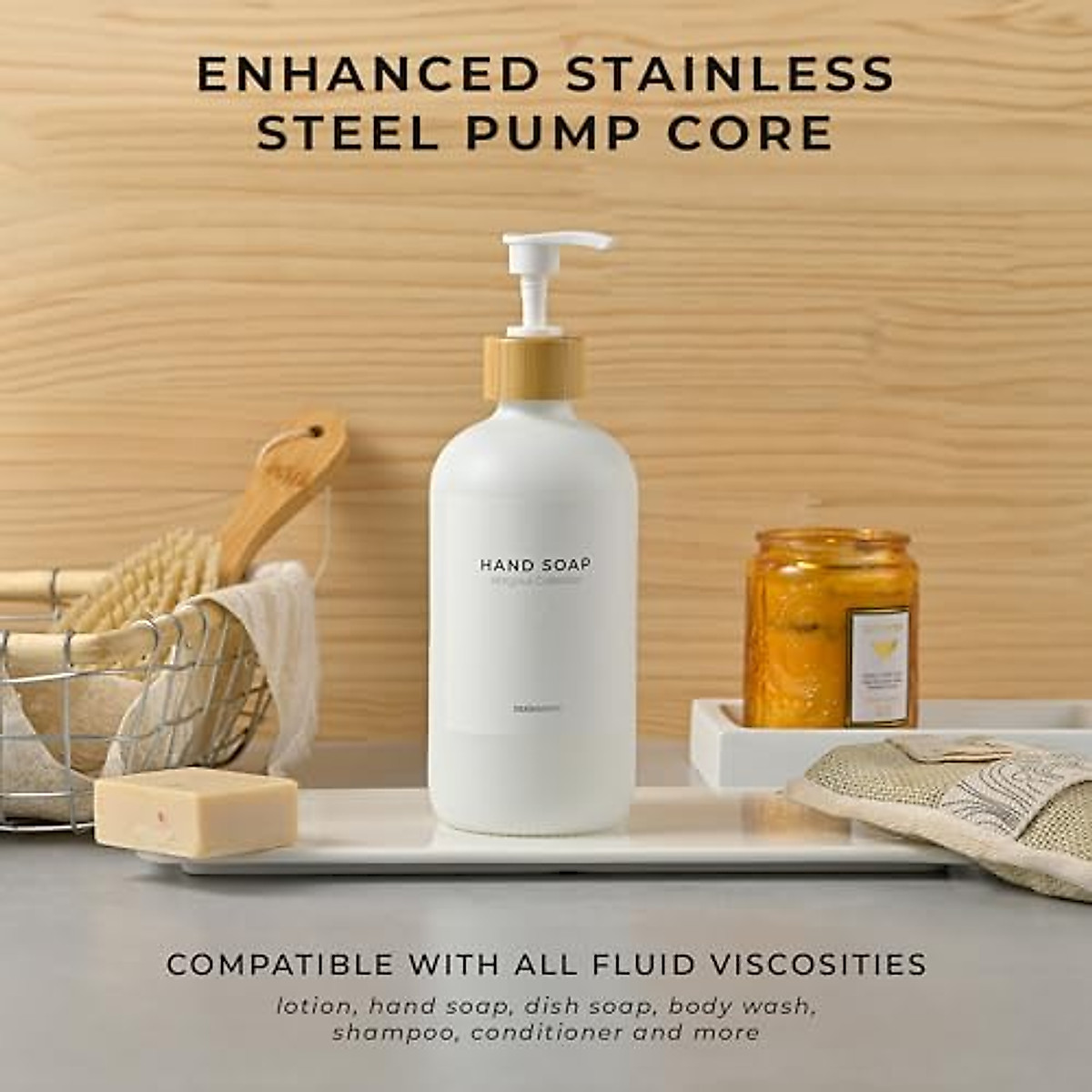 MaisoNovo Soap Dispenser 1-Piece Set | 16.9oz White Bottles with White Bamboo Pump