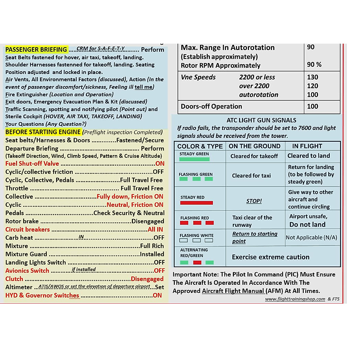 Robinson 44 Helicopter Quick Reference Checklist