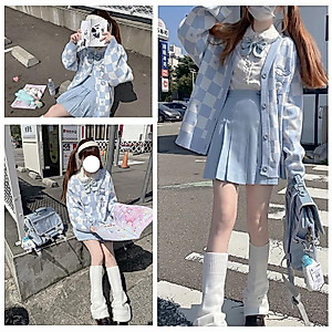 Kawaii Sweater Anime Blue Plaid Cardigan Sweaters for Women Cosplay Costume V Neck Long Sleeve Women's Button Knitted Outerwear JK Uniform M