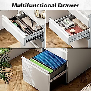 OLIXIS Home Office, File Cabinet Fireproof with Lock, Mobile Storage with Pre-Assembled, 3 Drawer, White