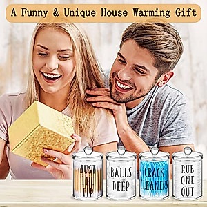 4 Pack Fun Qtip Holder Apothecary Jars with Lids,10 oz Clear Bathroom Organizer Storage for Cotton Swab, Cotton Ball, Floss and Cotton Round Pads, Cotton Ball Holder Bathroom Decor Bathroom Containers