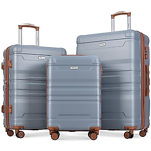 Merax Luggage Sets 3 Piece Suitcase, Hardside Suit case with Spinner Wheels Lightweight TSA Lock, Blue/Brown, 20/24/28 Inch