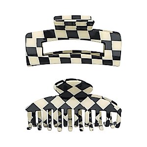Mevnccola Hair Clip, Large for Women, Checkered Design, Cellulose Acetate, Vintage Black/White, 2 Count, Hair Claws for Thick Hair and Thin Hair, Hair Accessories for Long Curly Hair