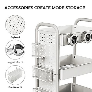 DESIGNA 3-Tier Rolling Cart, Utility Cart with Handle, Extra 3 Storage Accessories, Removable Pegboard, Easy Assembly Craft Carts for Kitchen, Bathroom, Office, Metal, White