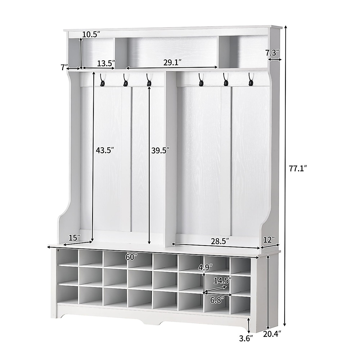 Acosure Modern Style Multiple Functions Hallway Coat Rack with 6 Metal Hooks,Entryway Bench Wide Hall Tree W/Ample Storage Space & 24 Shoe Cubbies,for Apartment Living Room,White,60"
