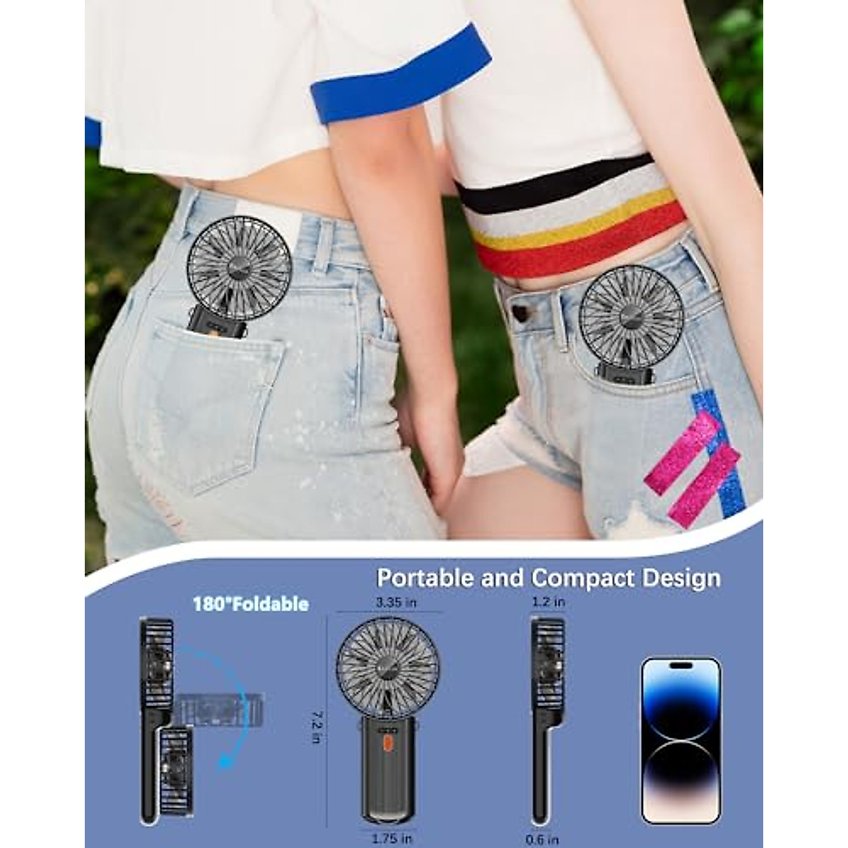 Portable Fan Handheld Fan, Mini Hand Held Fan, 6-15H Cooling Small Personal Fan, 180° Foldable Mini Desk Fan with 4 Quiet Speed, Neck Fan w/Lanyard for Kids Women Men Travel Outdoor Office, Black