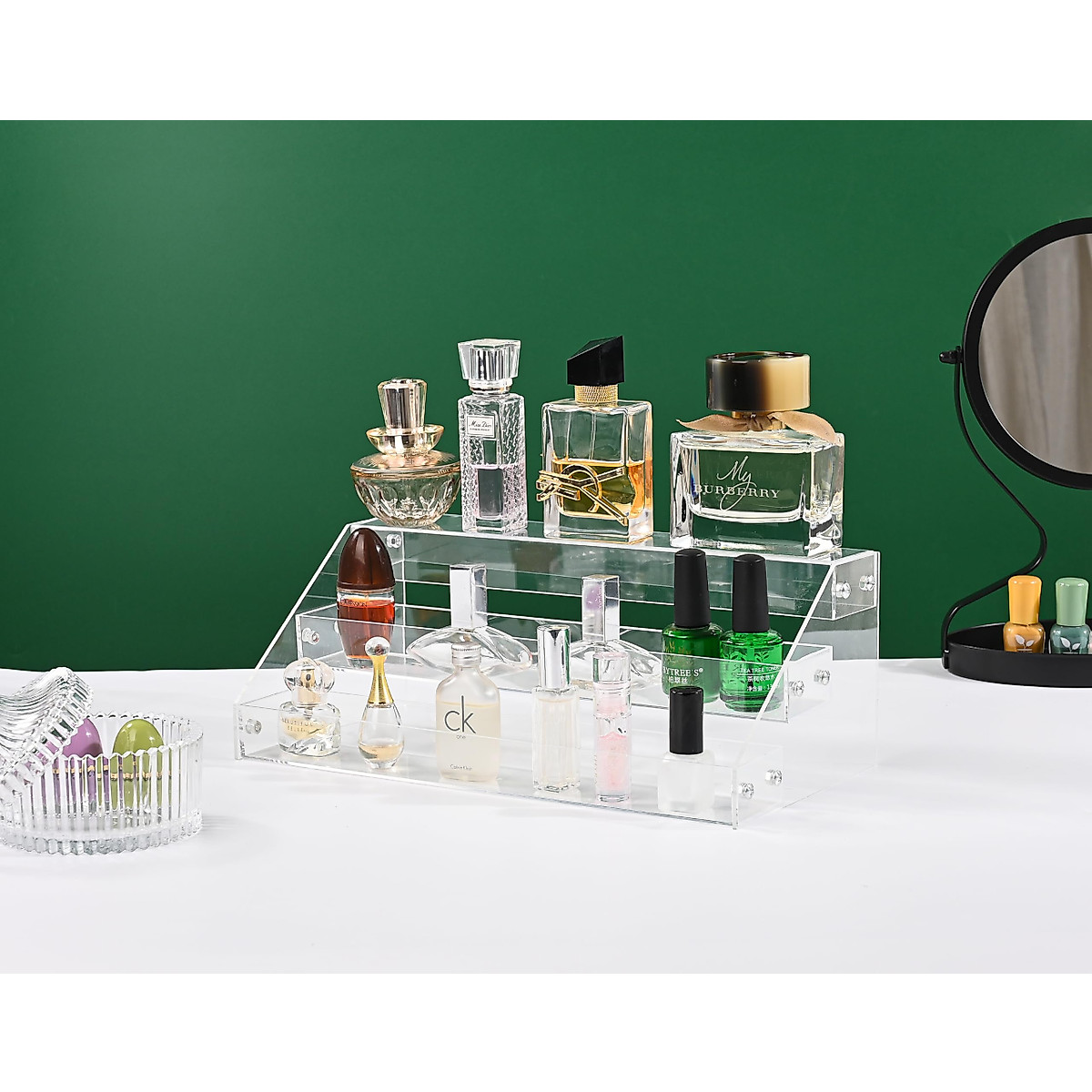 AISIDERK 12" Acrylic Riser, Acrylic Shelves - 3-Tier Clear Perfume Organizer,Sturdy and Stable Acrylic Organizer for Display Decorative,Skincare Organizers for Countertop, Tabletop, Collectibles, Nail