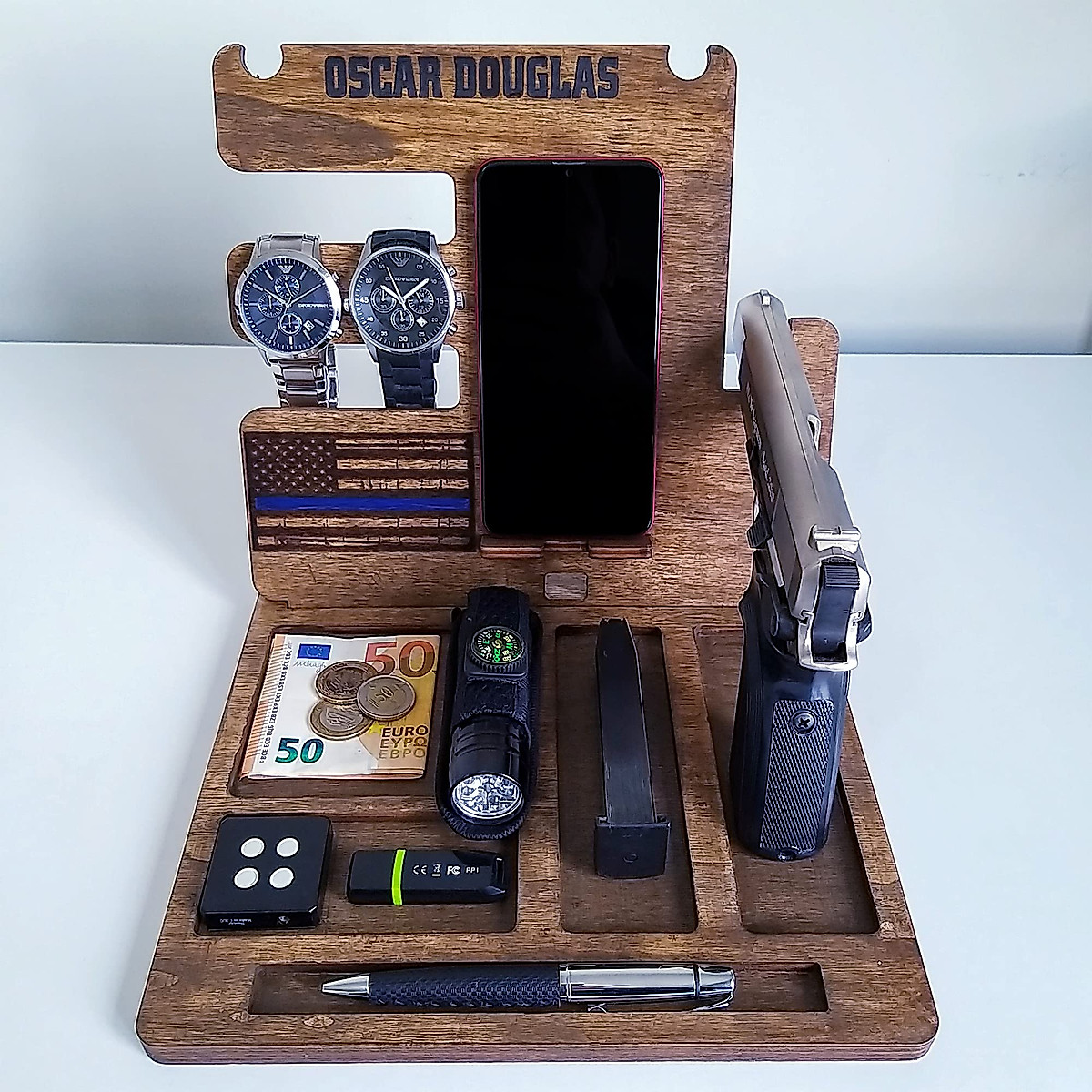 Custom Wood Phone Docking Station Personalized Gifts for Men Boyfriend Husband Son Dad as Anniversary Birthday Nightstand with Key Holder Gun Holder Wallet Stand and Watch Organizer