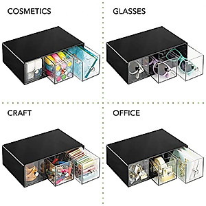 mDesign Plastic Kitchen Pantry Stackable Storage Organizer Container Station, 3 Drawers for Cabinet, Countertop, Holds Coffee, Tea, Sugar Packets, Creamers, Lumiere Collection, 2 Pack - Black/Clear