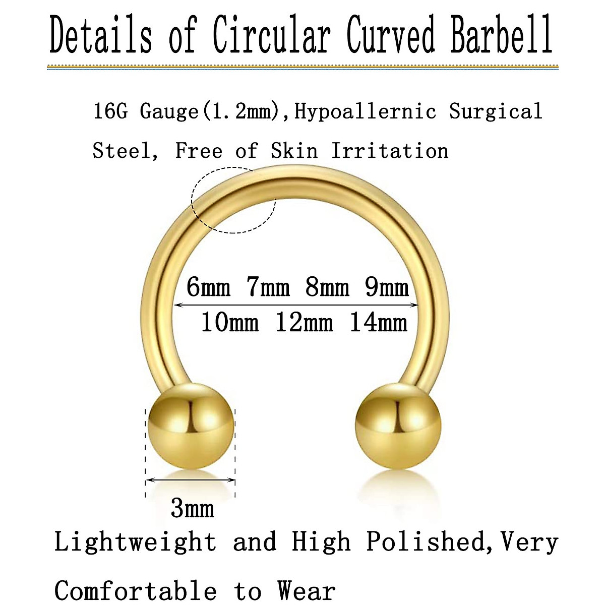 16G Horseshoe Septum Nose Nostril Ring Hoop, 7 Pairs Circular Curved Barbell Externally Threaded, 14K Gold Plated Surgical Steel Small Body Piercing Jewelry Set for Lip Daith Tragus Helix Cartilage Rook Multiple Piercing Smiley ( Ball, 6MM - 14MM)