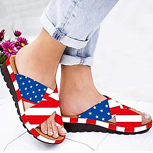 HunYUN Women Flag Print Summer Sandals Thick Bottomed Sandal Shoes Wedge Heel Sandals Clip Toe Summer Beach Shoes