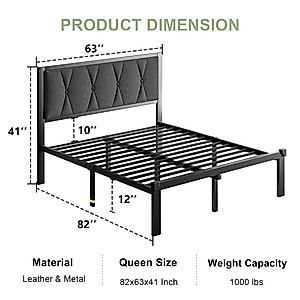 Feonase Queen Size Metal Bed Frame with Fabric Button Tufted Headboard, Platform Bed Frame with Heavy Duty Metal Slats, 12" Storage Space, Noise Free, No Box Spring Needed, Dark Grey