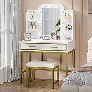 Buytime Vanity Desk with Mirror and Lights, Makeup Vanity Table with 9 LED Lights, 2 Drawers and 4 Storage Shelves, Modern Vanity Set for Bedroom (White)