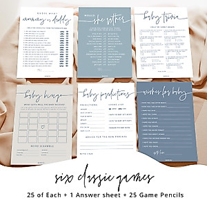 GardenCity Baby Shower Games for Boy - Set of 6 Baby Shower Games for 25 Guests, Double-Sided Thick Cards, Gender Neutral, Minimalist Blue