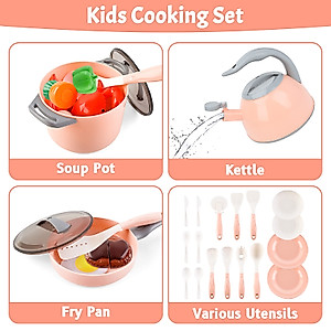 deAO Kids Play Kitchen Accessories with Pots and Pans,Cutting Food Toy,Cookware Utensils,63 PCS Play Food Set-- Kids Kitchen Accessories for Girls Boys Kids