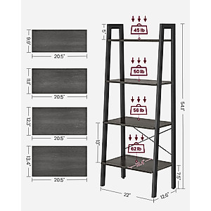 VASAGLE Ladder Shelf, 4-Tier Bookshelf, Storage Rack, Bookcase with Steel Frame, for Living Room, Home Office, Kitchen, Bedroom, Industrial Style, Charcoal Gray and Black ULLS044B04