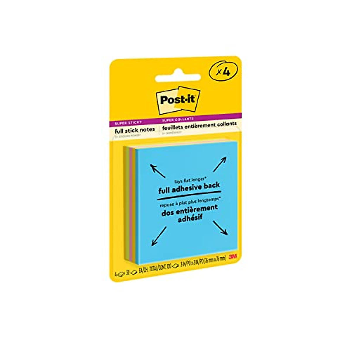 Post-it Super Sticky Full Stick Notes, 3 in x 3 in, 4 Pads, 2x the Sticking Power, Energy Boost Collection, Bright Colors (Orange, Pink, Blue, Green), Recyclable (F330-4SSAU)