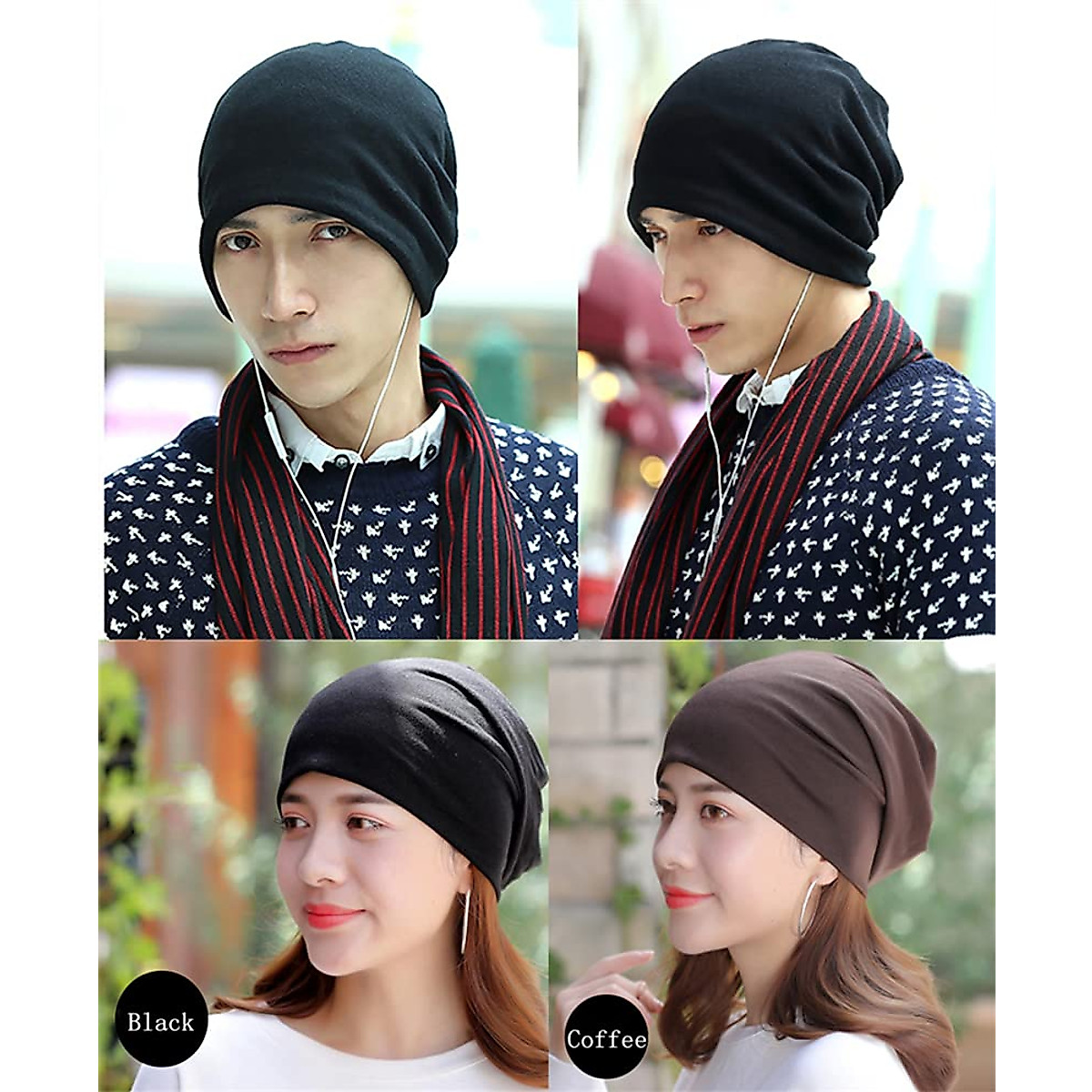 PoemLife Summer Cotton Thin Beanies Soft Stretch Hip-Hop Sleep Caps for Men Women(4 Pack Gray & White & Beige & Light Pink)