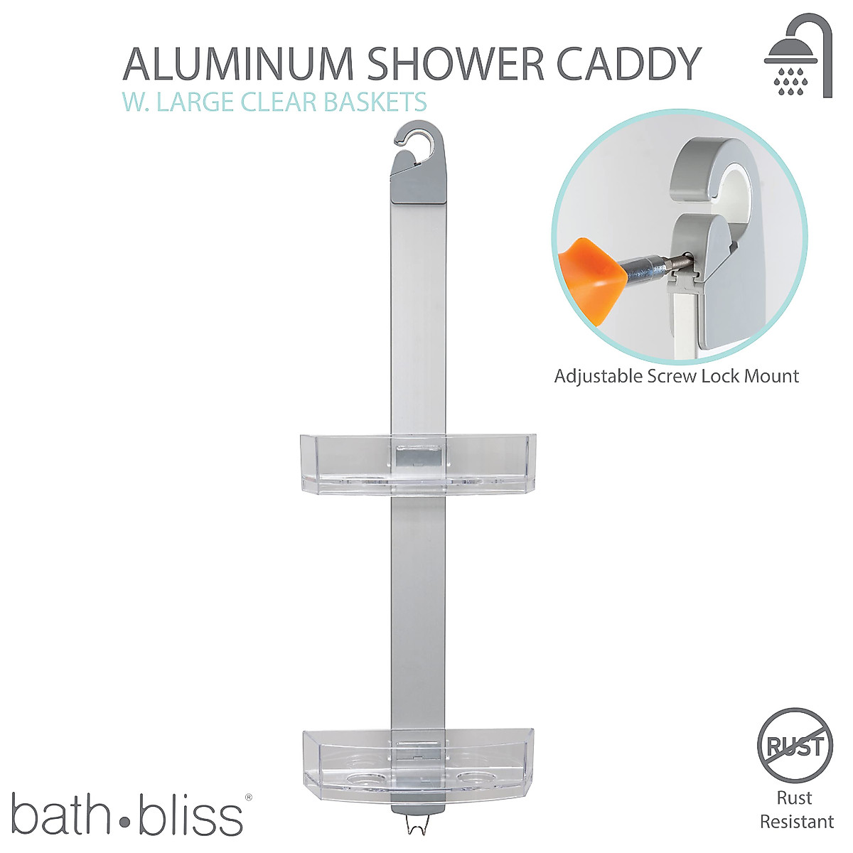 Bath Bliss Adjustable Aluminum 2 Tier Hanging Shower Caddy | Large | Bathroom Storage | Good for Shampoo, Soaps, Razors, Wash Cloths | Rust Proof | Silver