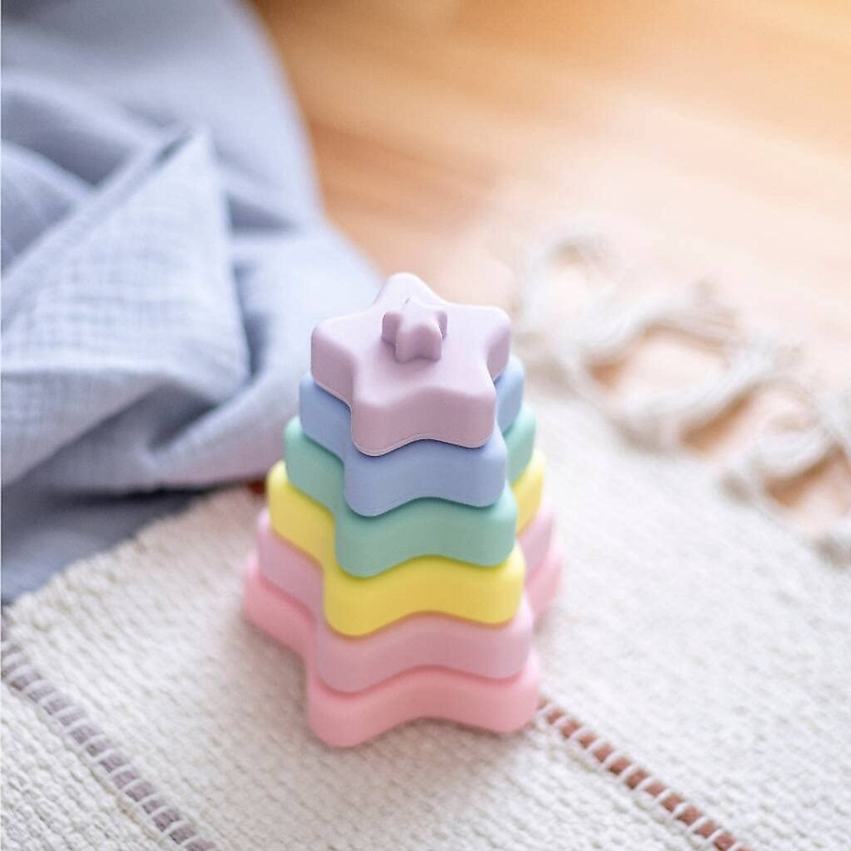 Baby Step Silicone Baby Stacking Rings - Teething Rings Toy, Star Shaped Soft Sensory teether, Early Developmental Educational Baby Travel Toy 6 Pieces Portable Montessori Toys