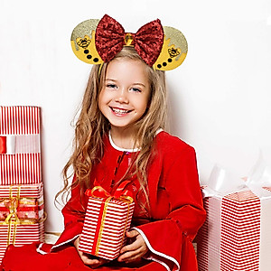 Eisyaa Yellow Winnie Minnie Ears Red Bow Headband, Sparkle Mouse Ears Headbands, Sequin Mice Ears Headband Princess Decoration Cosplay Costume (Winnie/Yellow)