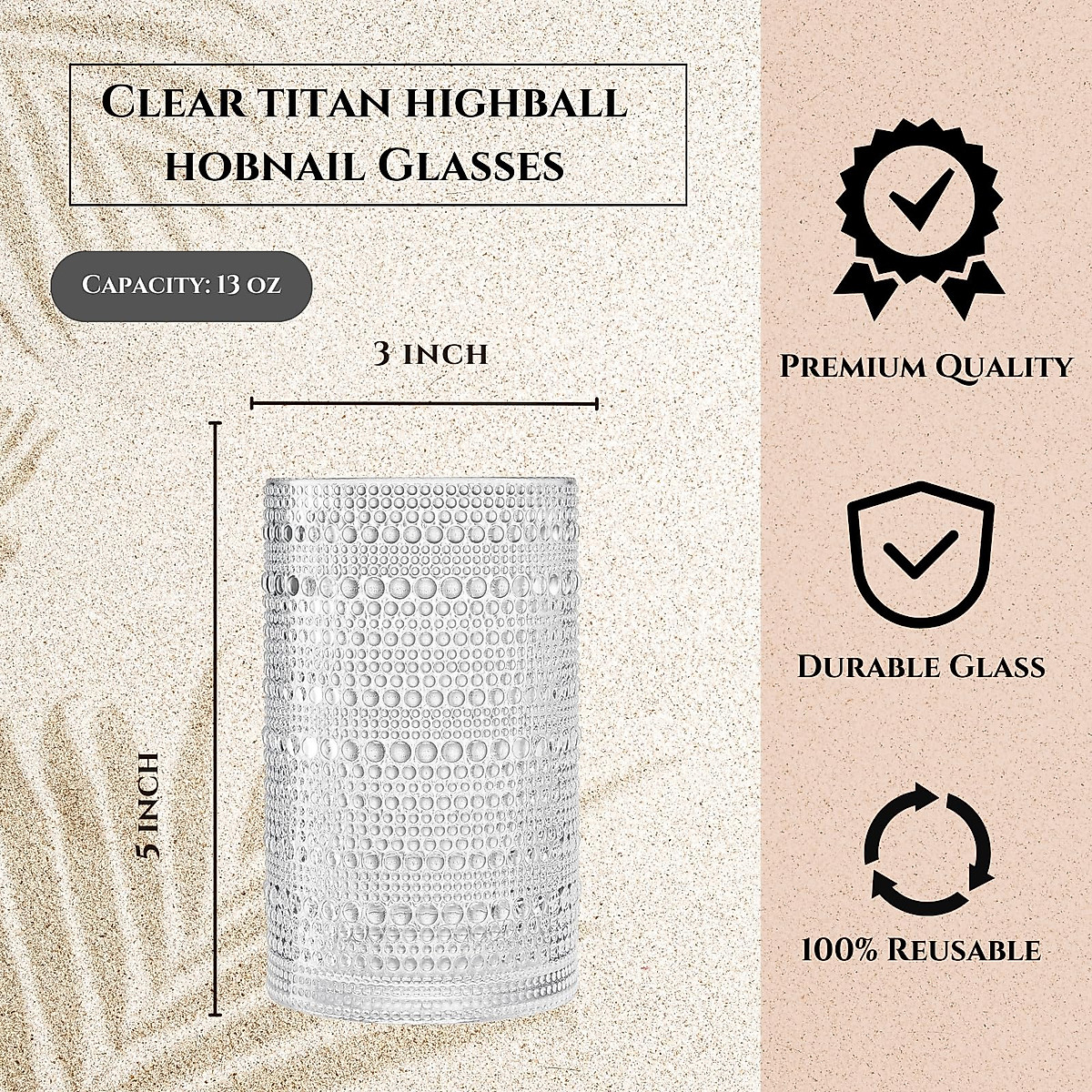 Classic Reusable Plastic Drinking Glasses, Hobnail Design, Shatterproof | 6 Set | Clear Tritan Highball, Acrylic Unbreakable Beaded Cups, Dishwasher Safe 13oz, Kitchen Cups, BPA-free, Indoor, Outdoor
