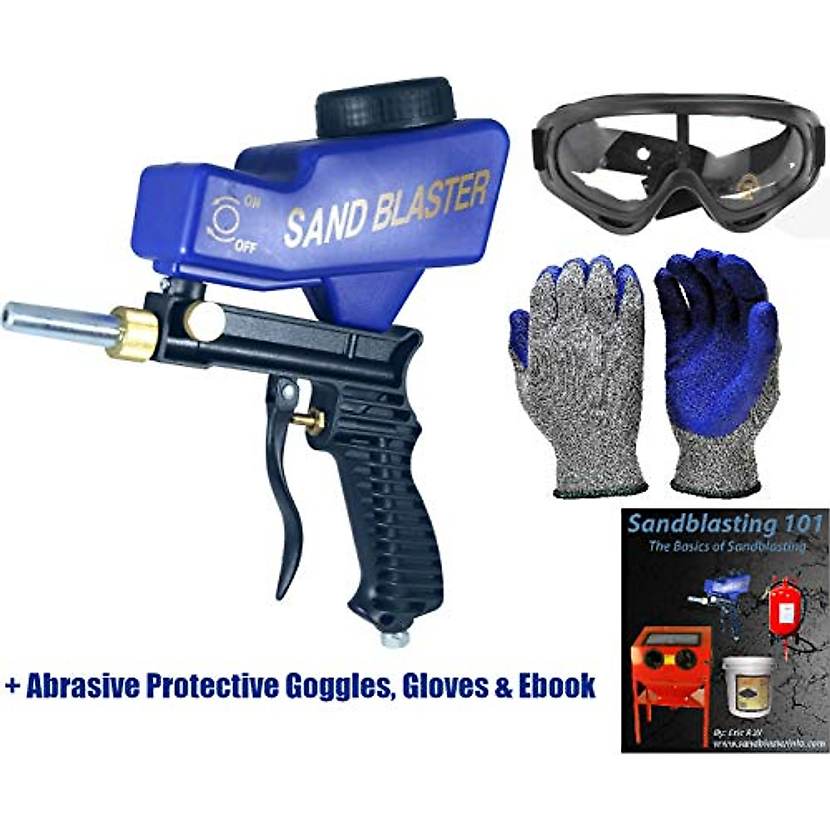 Portable Sandblaster Gun & Soda Blaster: Handheld, Gravity-Feed Abrasive Blaster with Gloves, Goggles, Nozzle (Super-Funneling Technology)