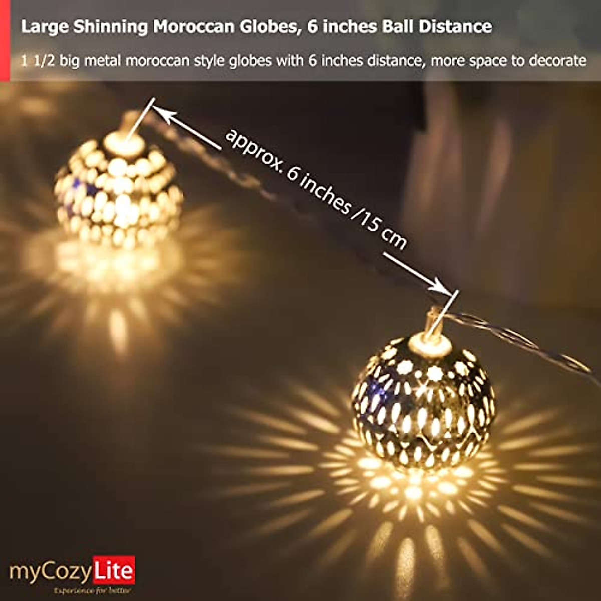 Moroccan String Lights Plug in 20 LED Globe Lights Silver Metal Balls for Wedding Party, Birthday, Christmas, Home Decor, Indoor Outdoor, 8 Functions, Timer, Unique Pattern, Connectable, 10 ft