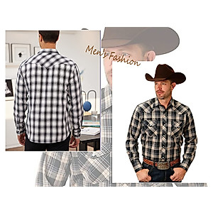 COOFANDY Mens Shirt Western Long Sleeve Cowboy Plaid Casual Button Up Dress with Pockets, Black White, Large, Long Sleeve