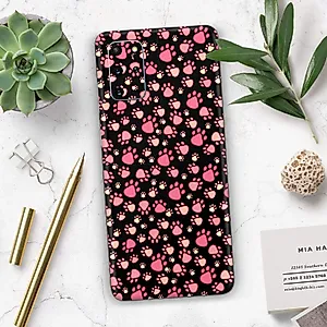 DesignSkinz Pink Paw Prints on Black Protective Vinyl Decal Wrap Skin Cover Compatible with The Samsung Galaxy S20 (Screen Trim & Back Glass Skin)