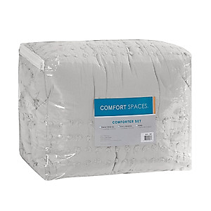 Comfort Spaces Cotton Comforter Set Jacquard Pom-Pom Tufts Design, Down Alternative, All Season Modern Bedding, Matching Shams, Full/Queen, Phillips, Grey, 3 Piece