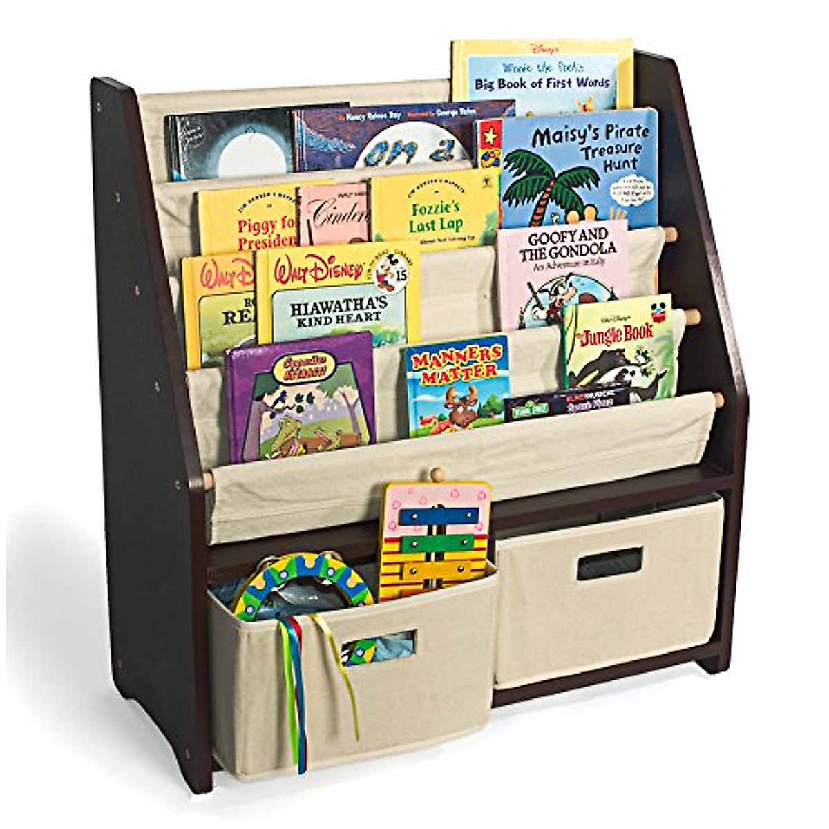 WONKAWOO Kids Sling Bookshelf Wooden Rack, 4 Levels of Canvas Slings for Large Children Books and 2 Storage Bin Boxes for Toys Organizer, Espresso Shelf with Natural Fabric Slings